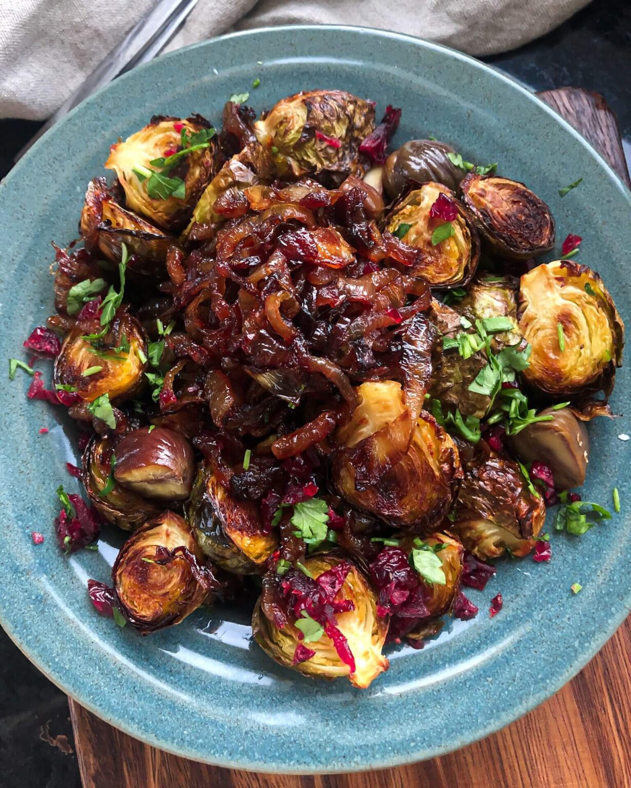 Roasted Sprouts with Caramelised Onions - Savoured Kitchen